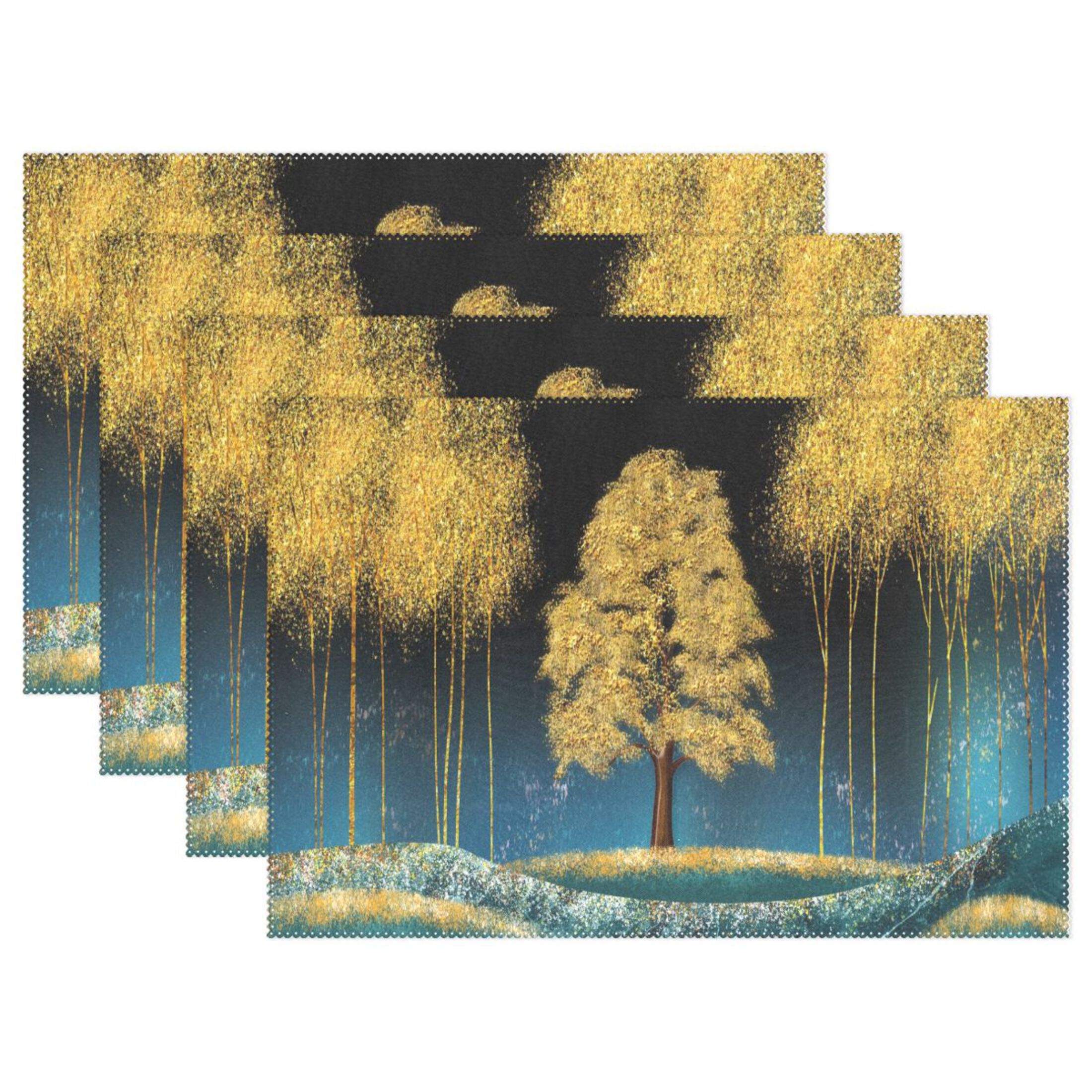 Trees with Golden Placemats Set of 4 Dining Table Mat Linen Rectangular ...