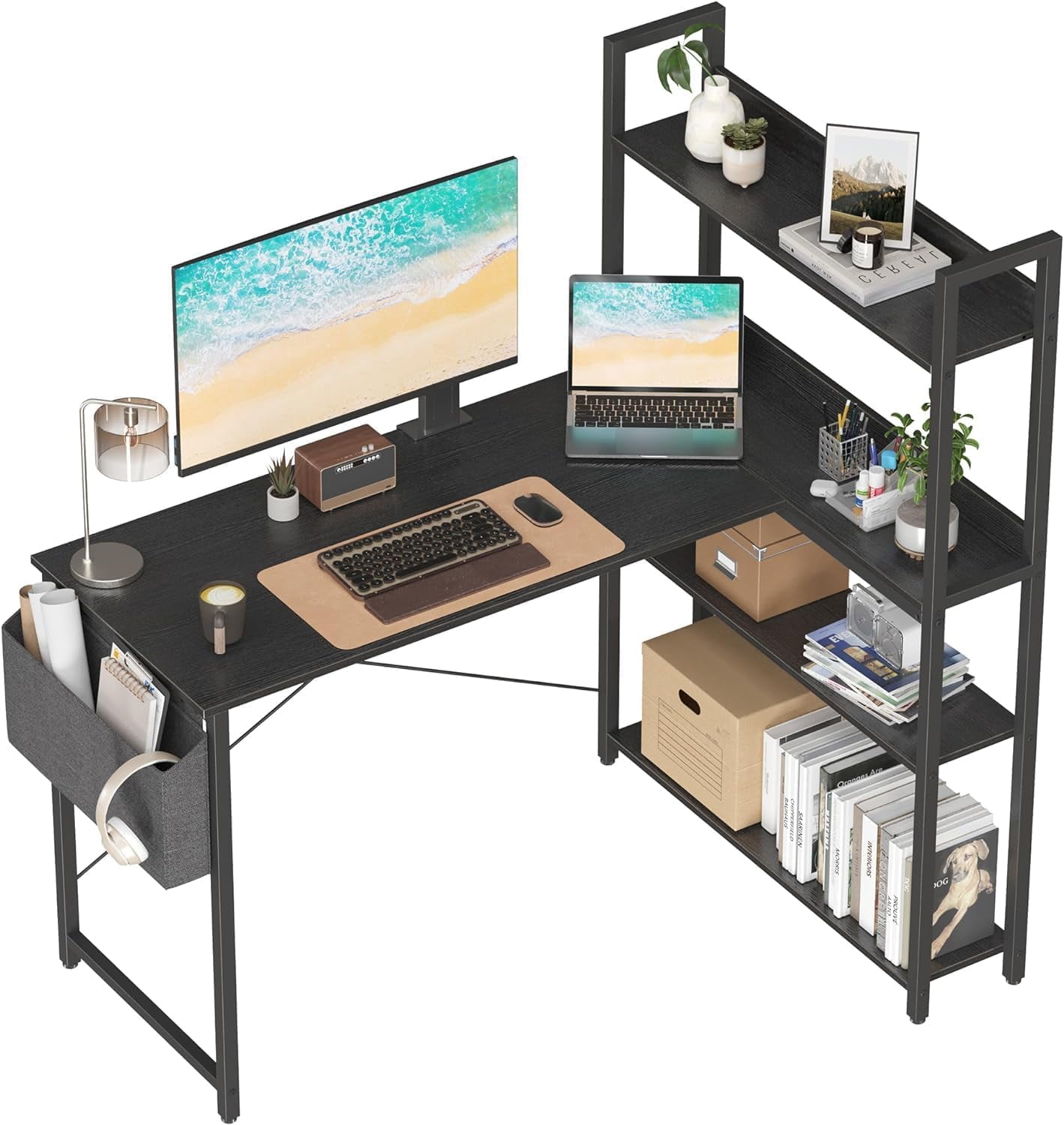 Treesland 47 Inch Computer Desk with Bookshelf, Corner Desk with ...