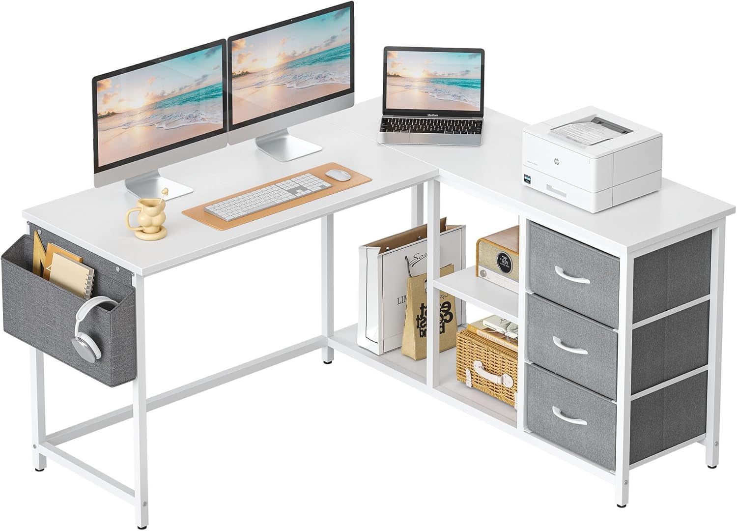 Treesland L Shaped Desk with Drawers, 55 inch Computer Desk with ...