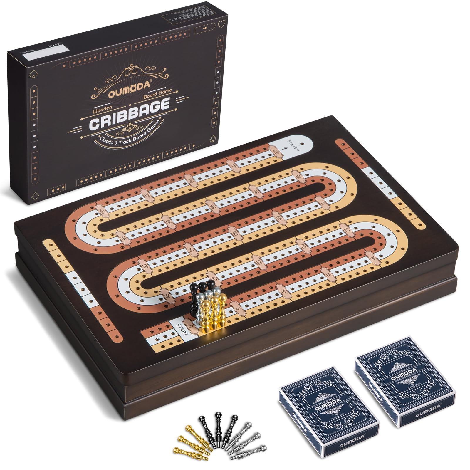 OUMODA Wooden Magnetic Cribbage MMF7 Board Game| Travel 3-Track Scoreboard Set| 2 Playing Cards ...