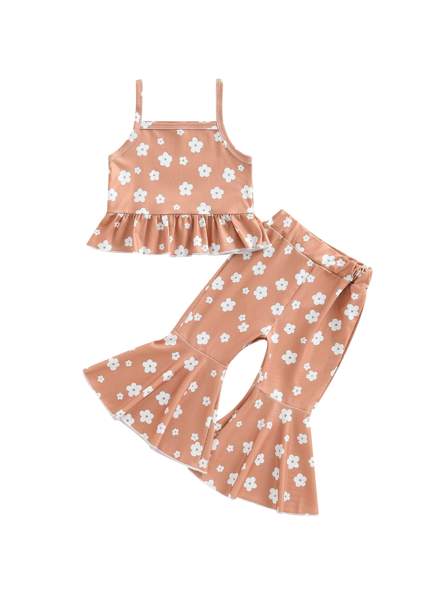 Tregren Baby Girl Flare Pants Outfits Floral Ribbed Crop Top Sleeveless ...
