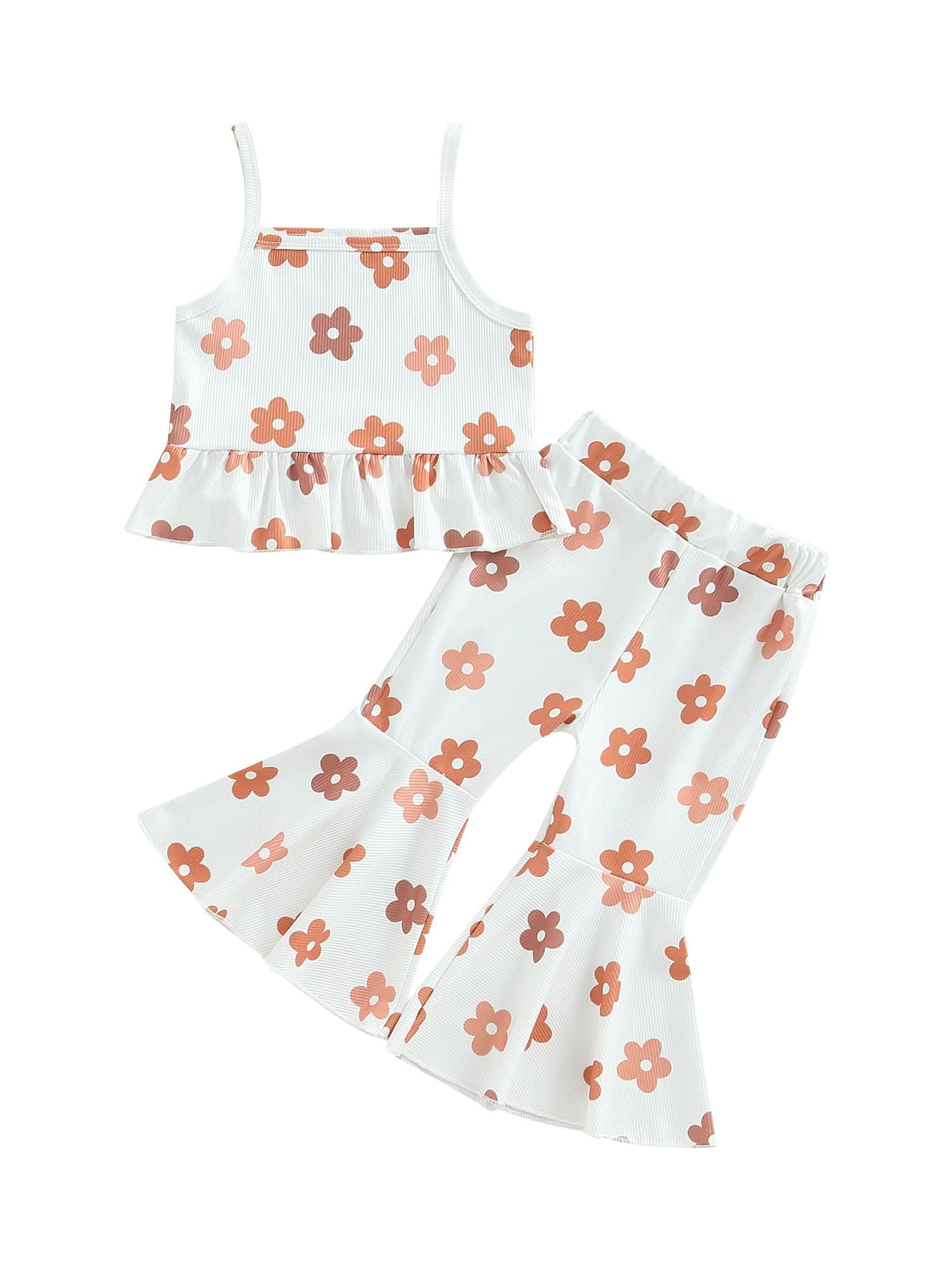 Tregren Baby Girl Flare Pants Outfits Floral Ribbed Crop Top Sleeveless ...