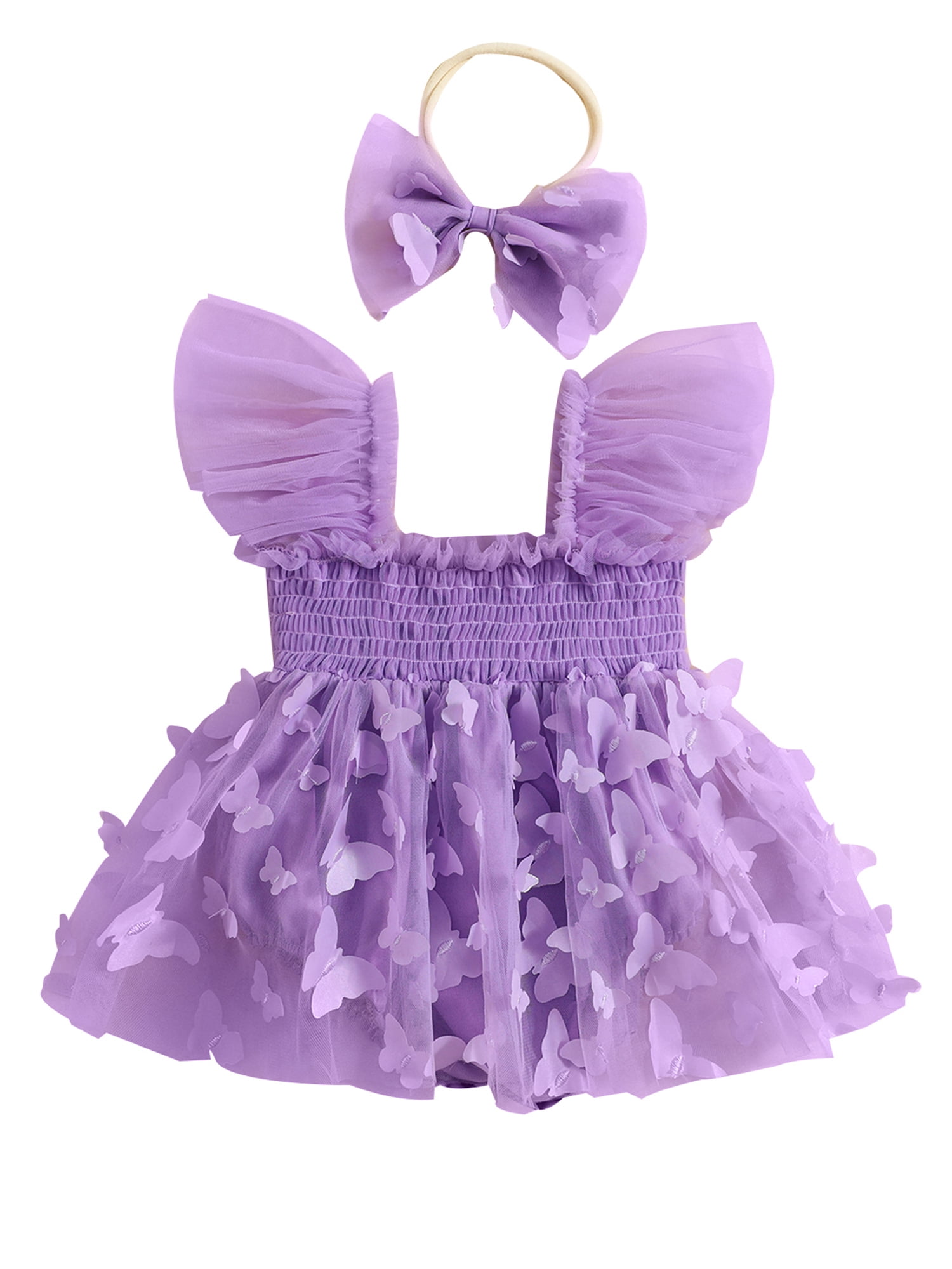 Tregren Infant Girl Romper Dress Butterfly Decor Fly Sleeve Ruched Mesh ...