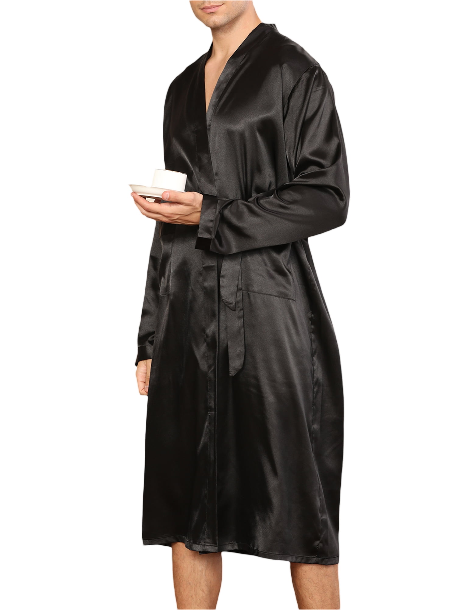 Tregren Men's Satin Robe Soft Long Sleeve Kimono Bathrobe with Belt Home Sleepwear Loungewear ...