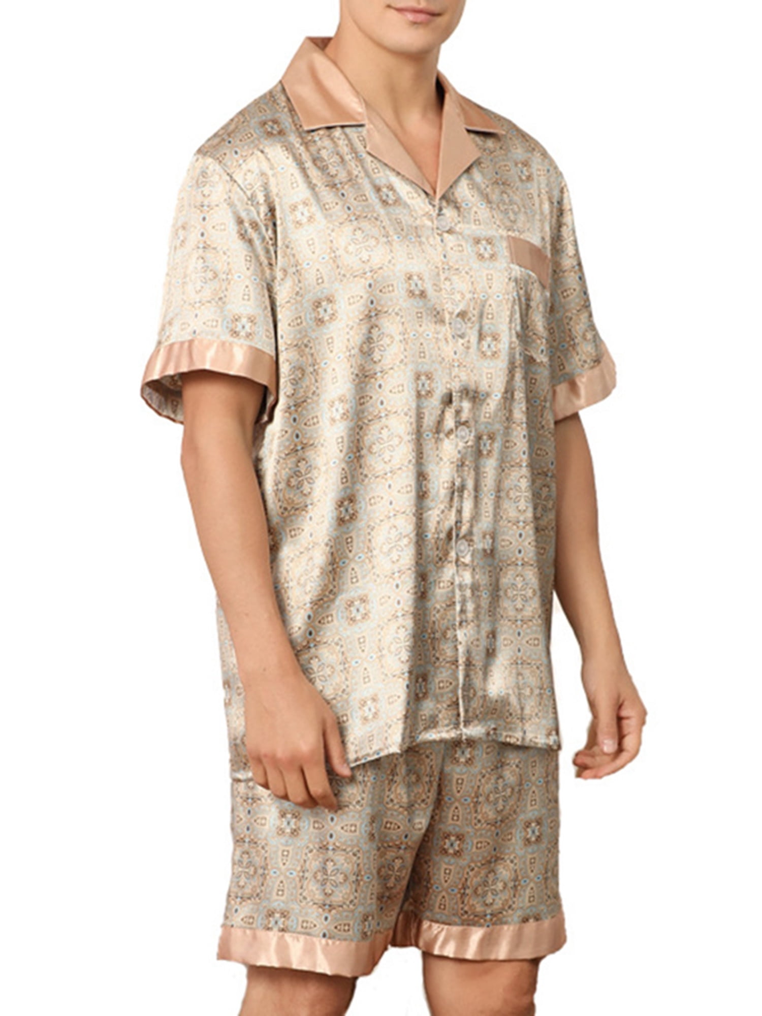 Tregren Mens Silk Satin Pajamas Set Short Sleeve Shirt Top and Shorts ...