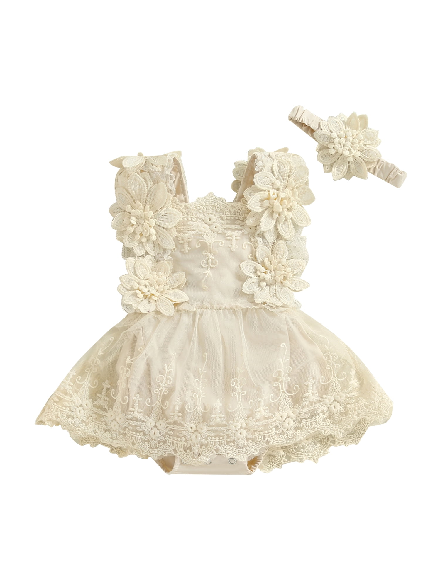Tregren Newborn Baby Girl Lace Romper Dress Onesie Ruffle Sleeve Bowtie ...