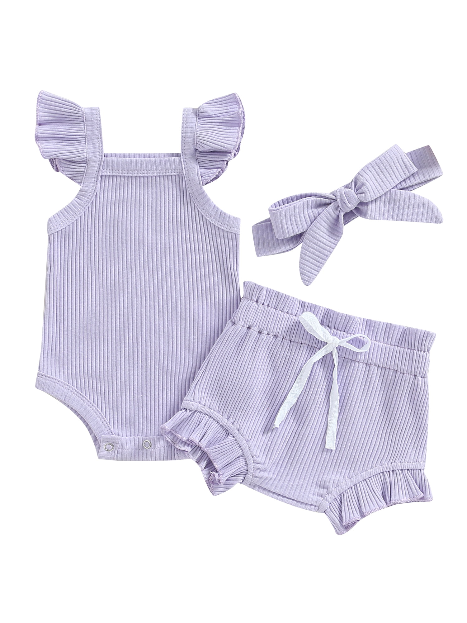 Tregren Newborn Baby Girl Summer Outfit Clothes Set Ribbed Sleeveless Romper Flower Solid Ruffle ...