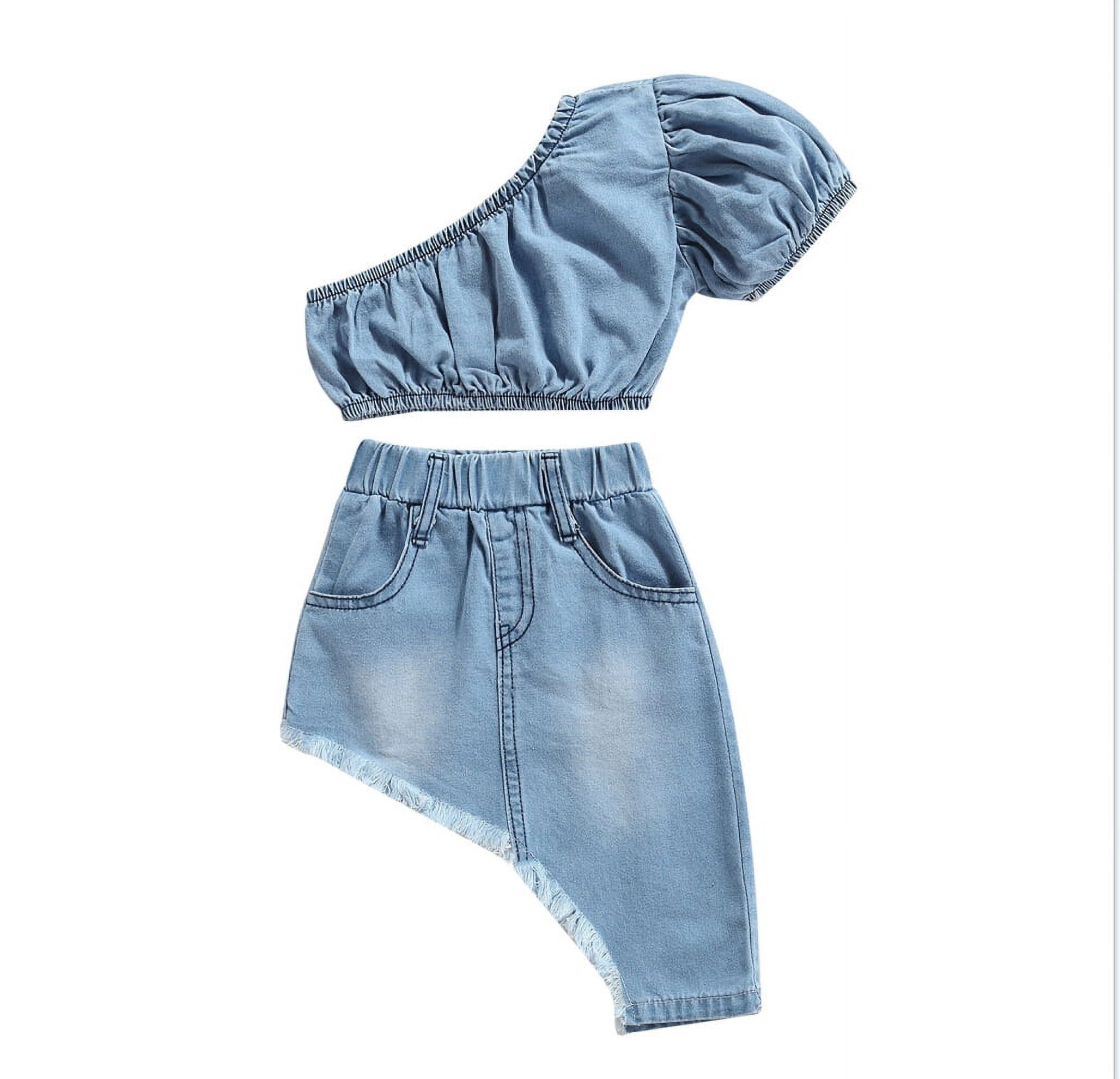 Tregren Toddler Baby Girl Denim Clothes Sets One Shoulder Puff Sleeve ...