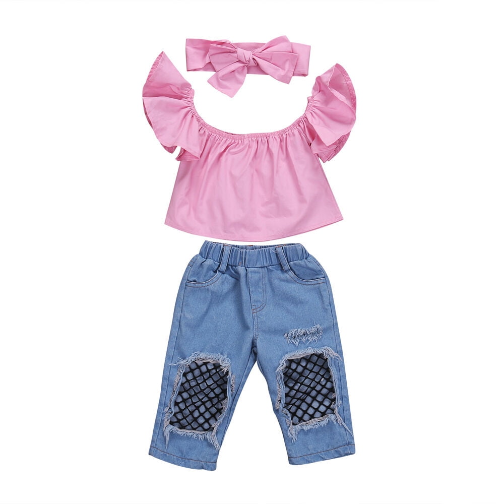 Tregren Toddler Baby Girl Off Shoulder Ruffle Tube Tops Ripped Fishnet ...