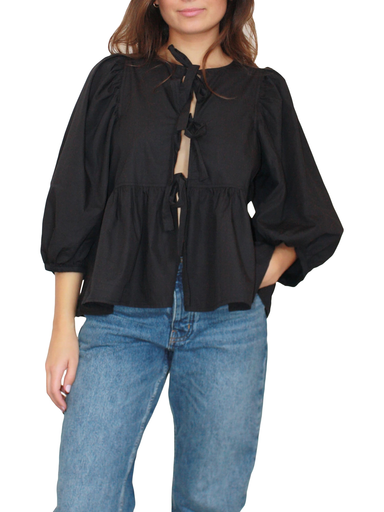 Tregren Women Basic Tie Front Tops Casual Solid Color Loose 3/4 Sleeve ...