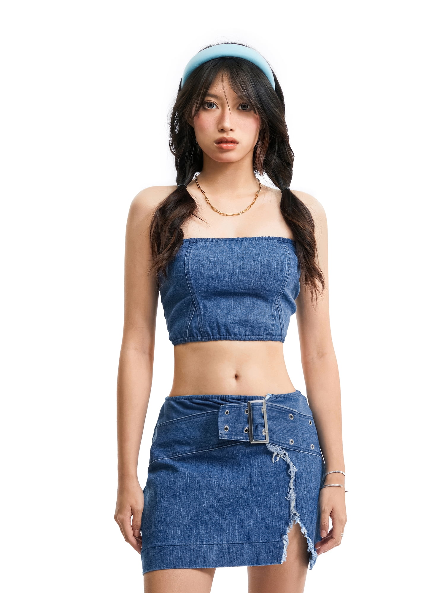 Tregren Women Summer Denim Skirts Outfits Solid Color Boat Neck ...
