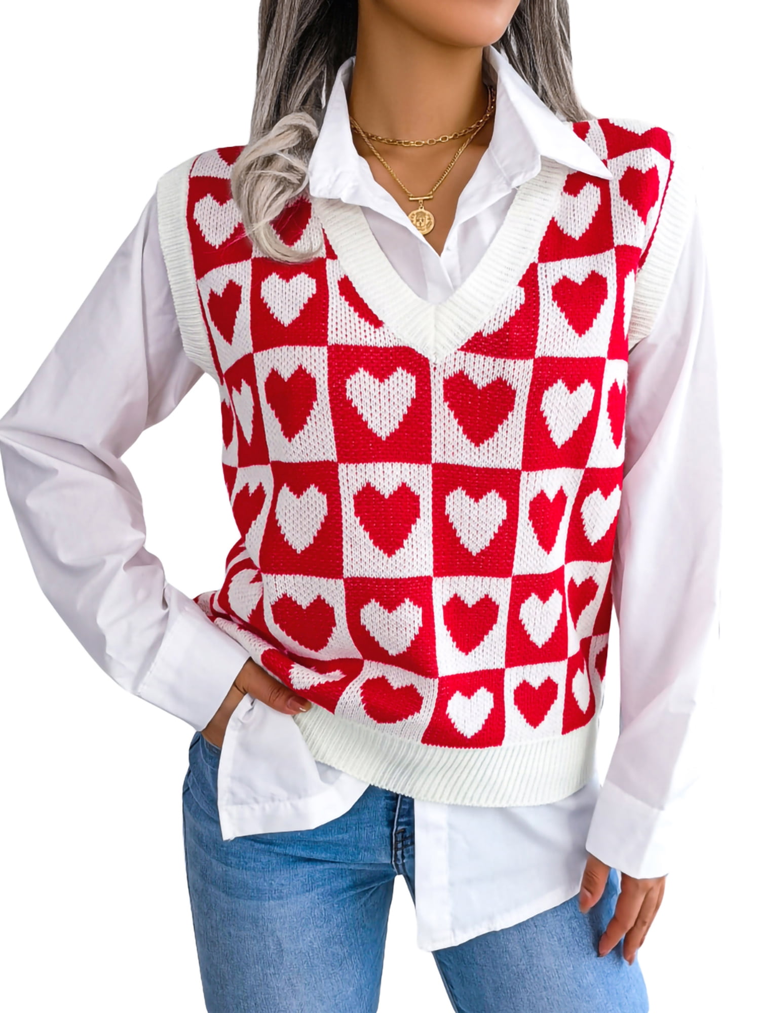 Tregren Women Wild Knitted Vest Heart Print Sleeveless V-Neck Waistcoat ...