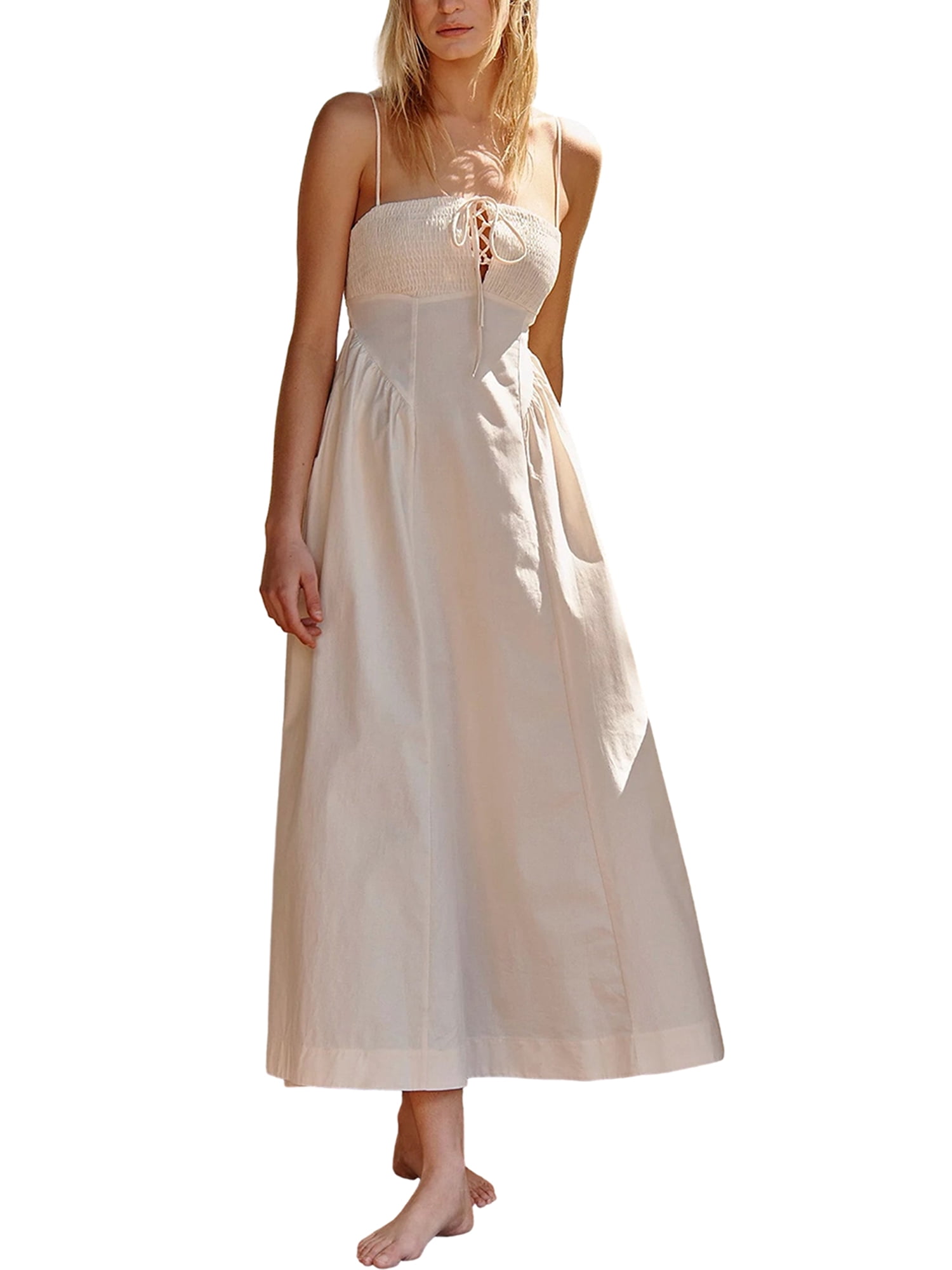 Tregren Women's Casual Midi Dress Solid Color Sleeveless Tie Up ...