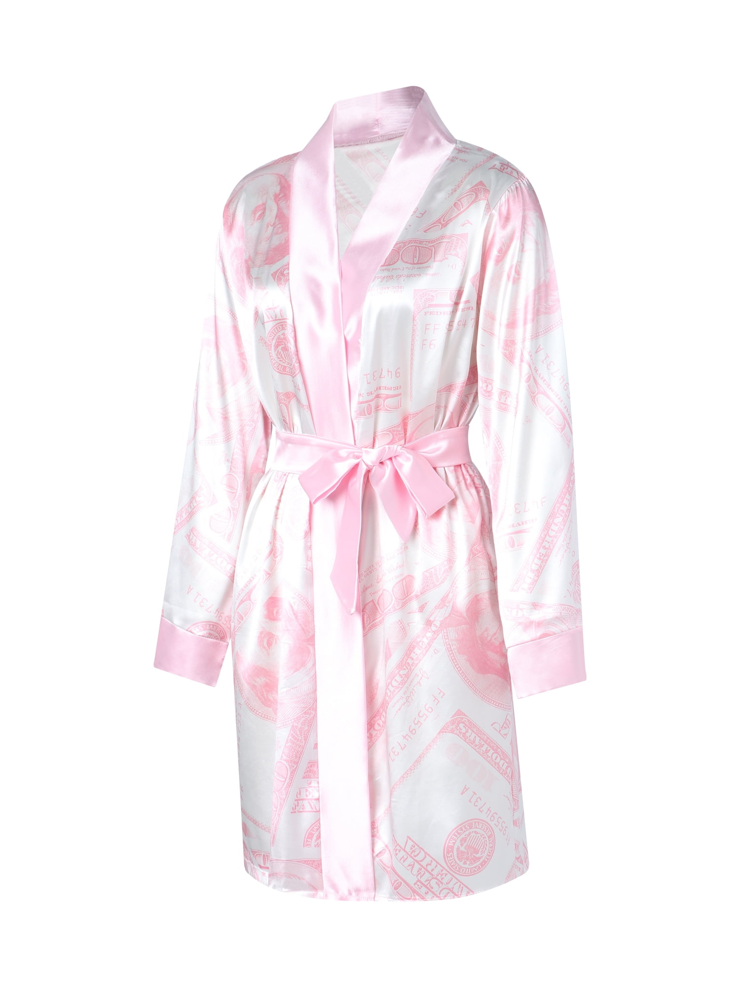 Tregren Women's Satin Robe Dollar Print Long Sleeve Silky Kimono ...