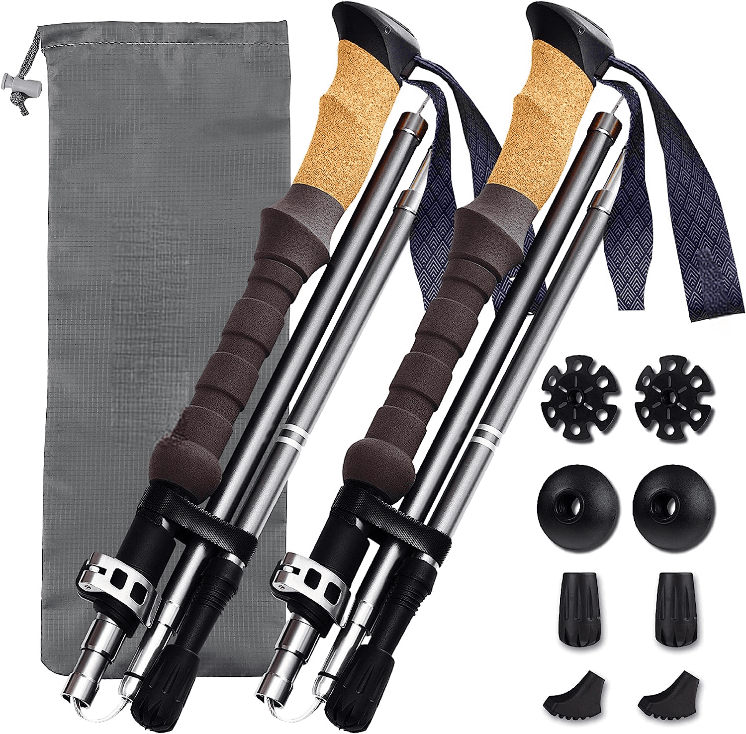 Trekking Poles Collapsible Nordic Hiking Poles - Cork Handle 2pc ...
