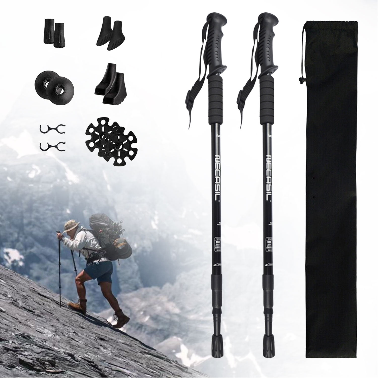 Trekking Poles, Lightweight Collapsible Hiking Poles Adjustable Pair of ...