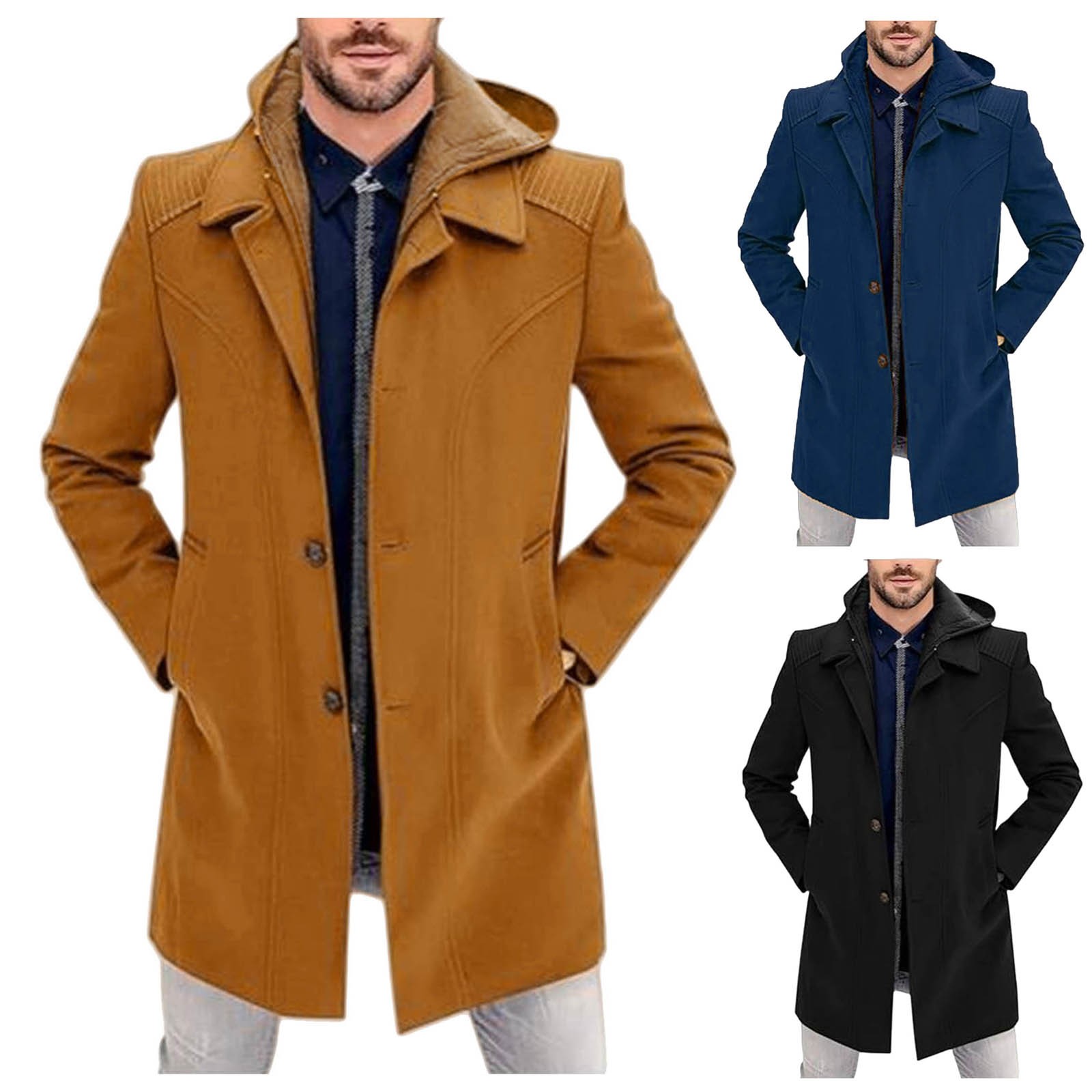 Trench Coat Men Wool Long Notched Lapel Double Breasted Mid Long ...