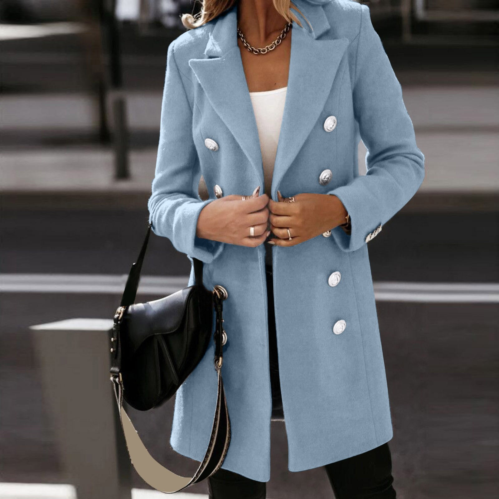 Trench Coat Women Long Wool Double Business Casual Notch Lapel Jacket ...