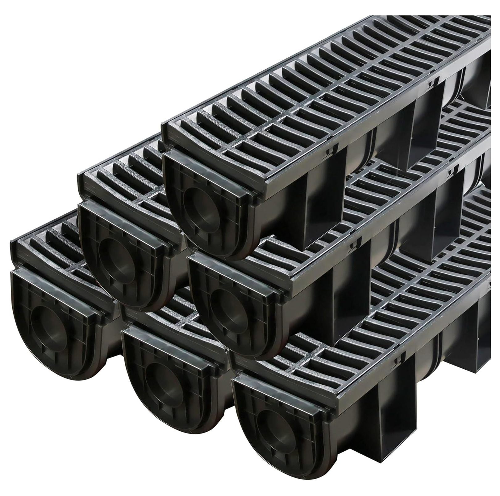 Trench Drain System, with Plastic Grate, 6 Pack Garden Drain with 6 End ...