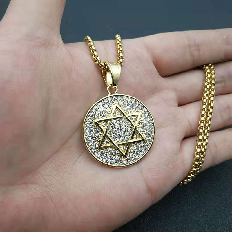 Trend Hexagram Star of David Round Medal 14K Yellow Gold Pendant ...