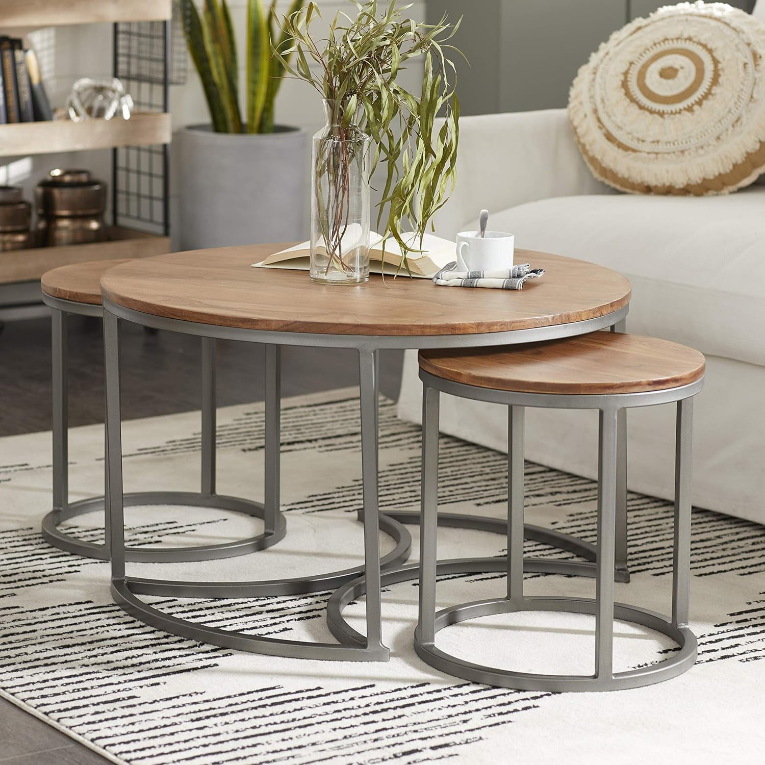 TrendAtoZ Set of 3 Metal Frame Coffee Table Modern Stackable Center ...