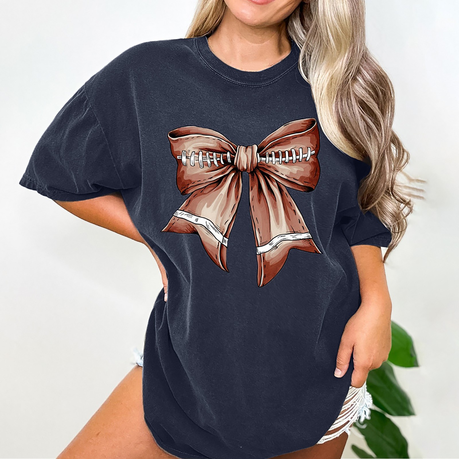 TrendOFT Bow Graphic Oversized T-Shirt for Women Print Casual Loose Tee ...