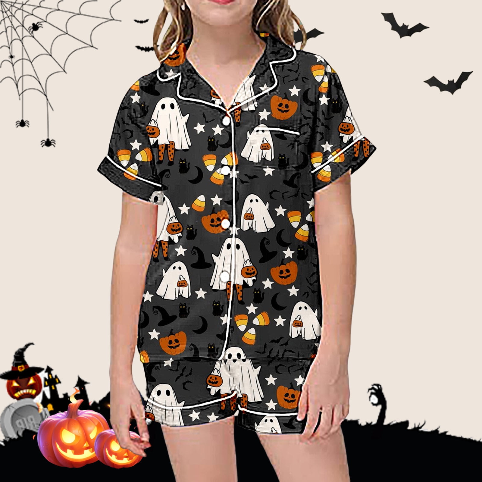 TrendOFT Boys Girls Halloween Pajamas Set Kids Silk Satin Ghost Graphic ...