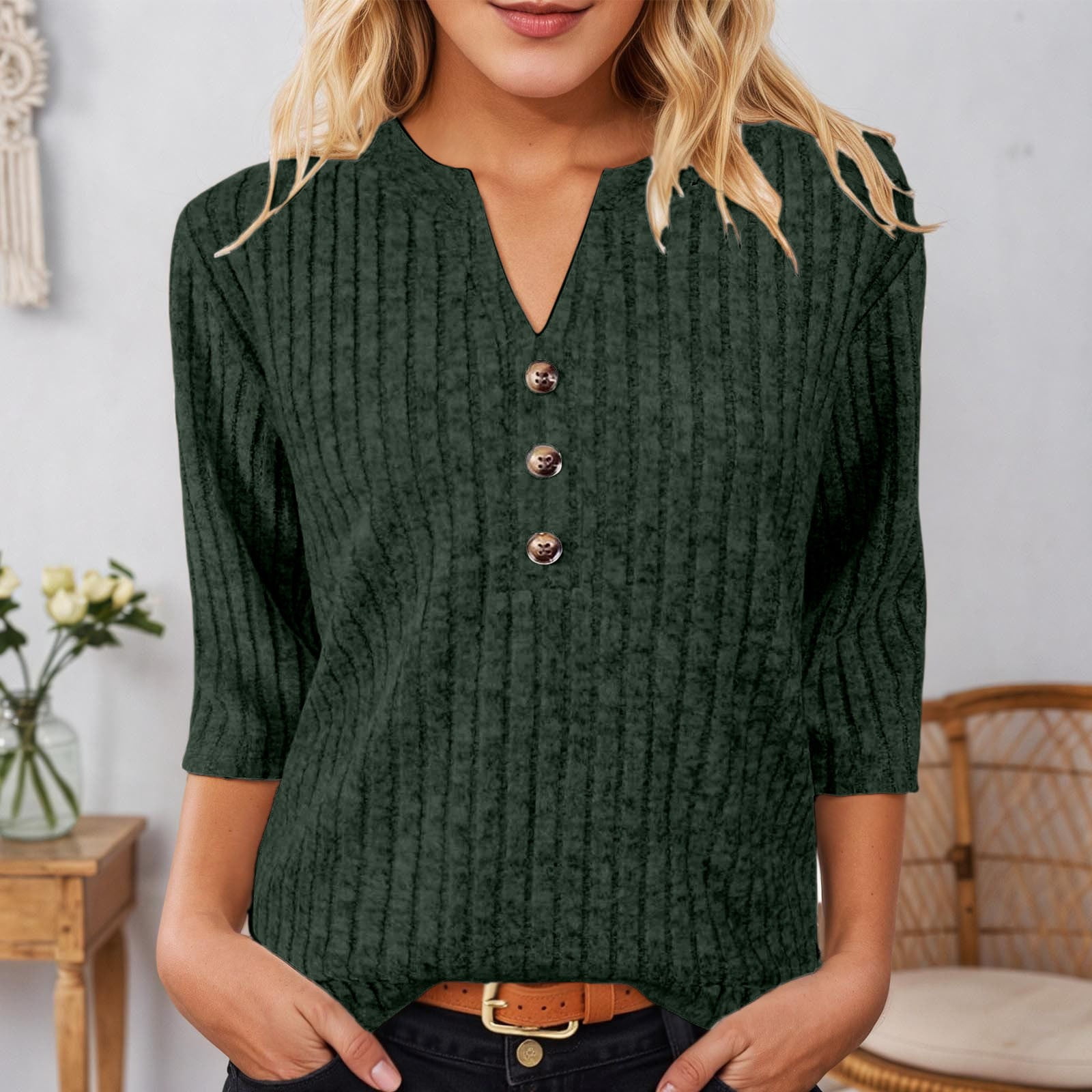 TrendOFT Womens V Neck Tees Seven Sleeve Ribbed Brushed Button Design ...