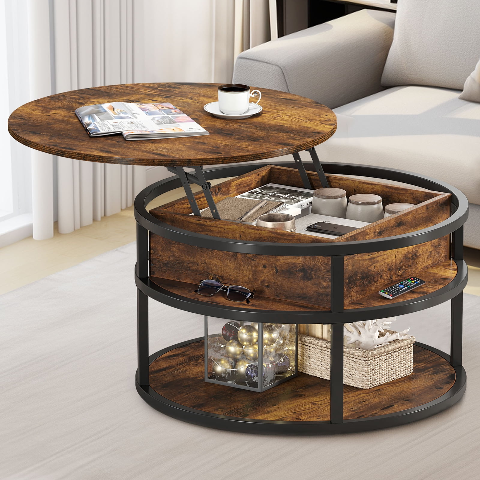 TrendSage Round Coffee Tables for Living Room, Lift Top Coffee Table with Storage, Farmhouse ...