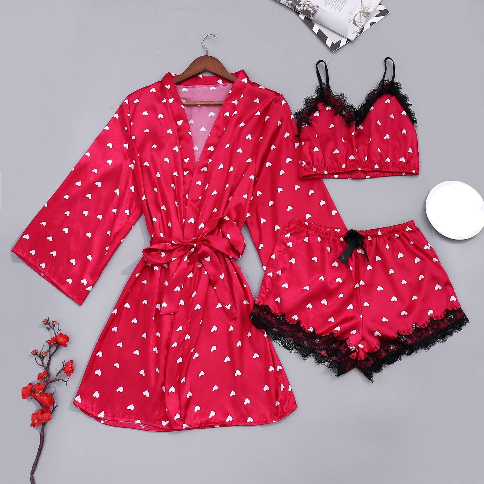 Trendvibe365 3pc Lounge Sets For Women 3 Piece Pajama Sets Satin Silk