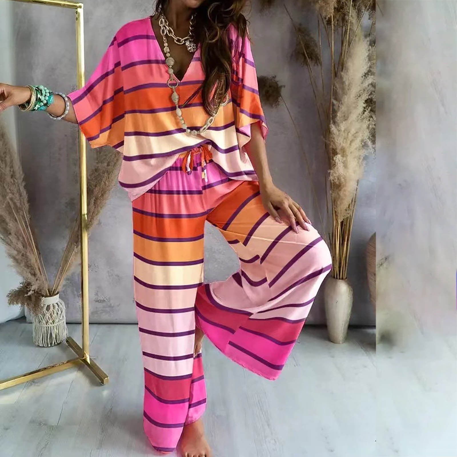 TrendVibe365 Cozy Lounge Sets for Women 2 Piece Gradient Stripe Baggy V ...