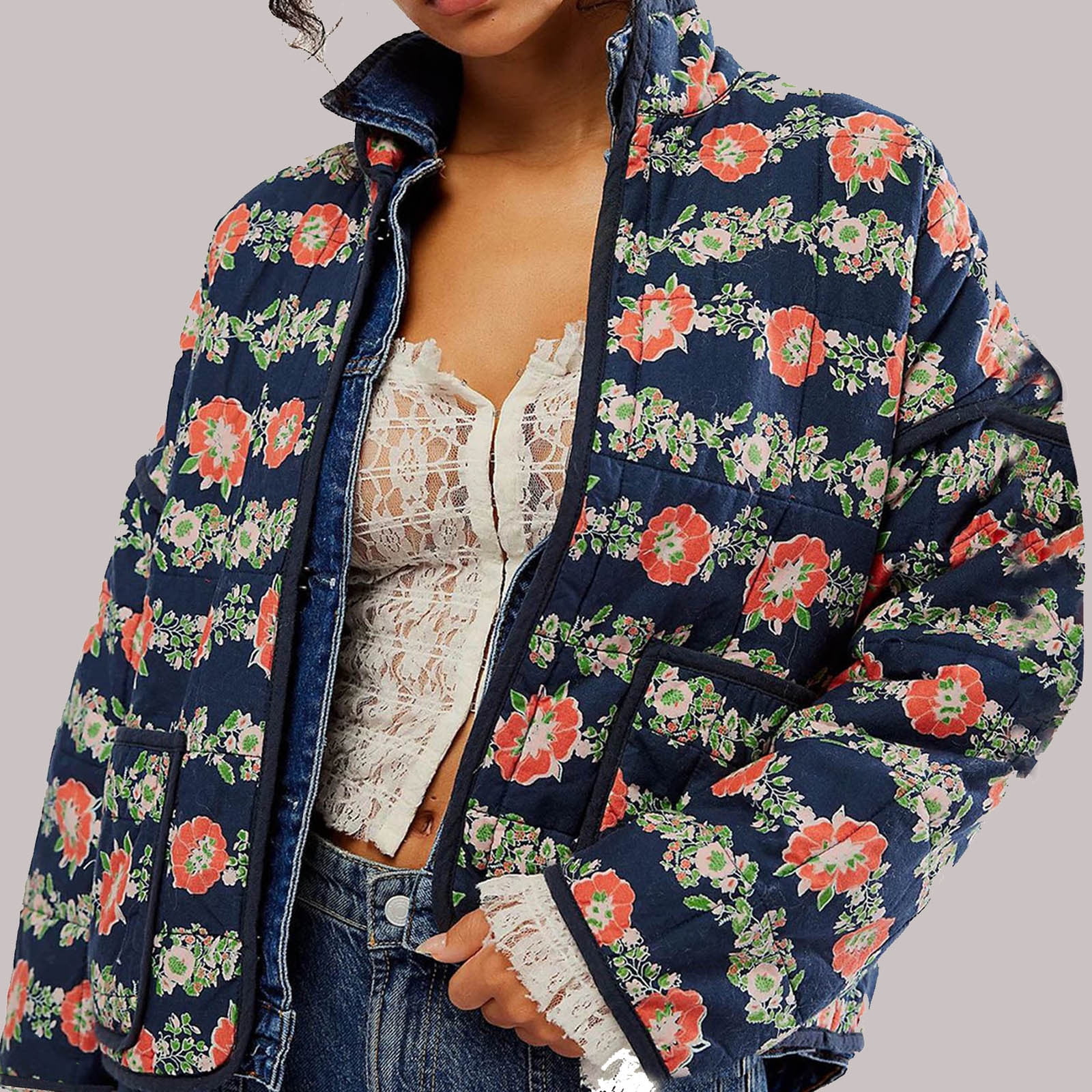 TrendVibe365 Crop Puffer Jacket Womens Blue Long Sleeve Winter Jackets ...