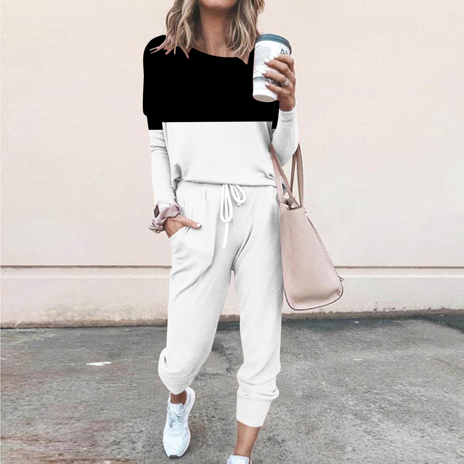 TrendVibe365 Ladies Sweatsuits 2PCS Sets Womens Patchwork Crewneck Long ...