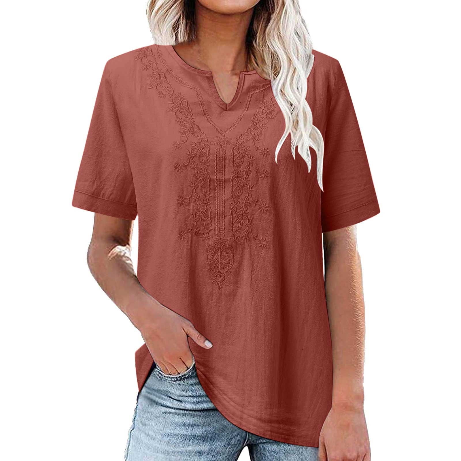 successthop Ladies Tops and Blouses Red Embroidery Tunics Hide Belly ...