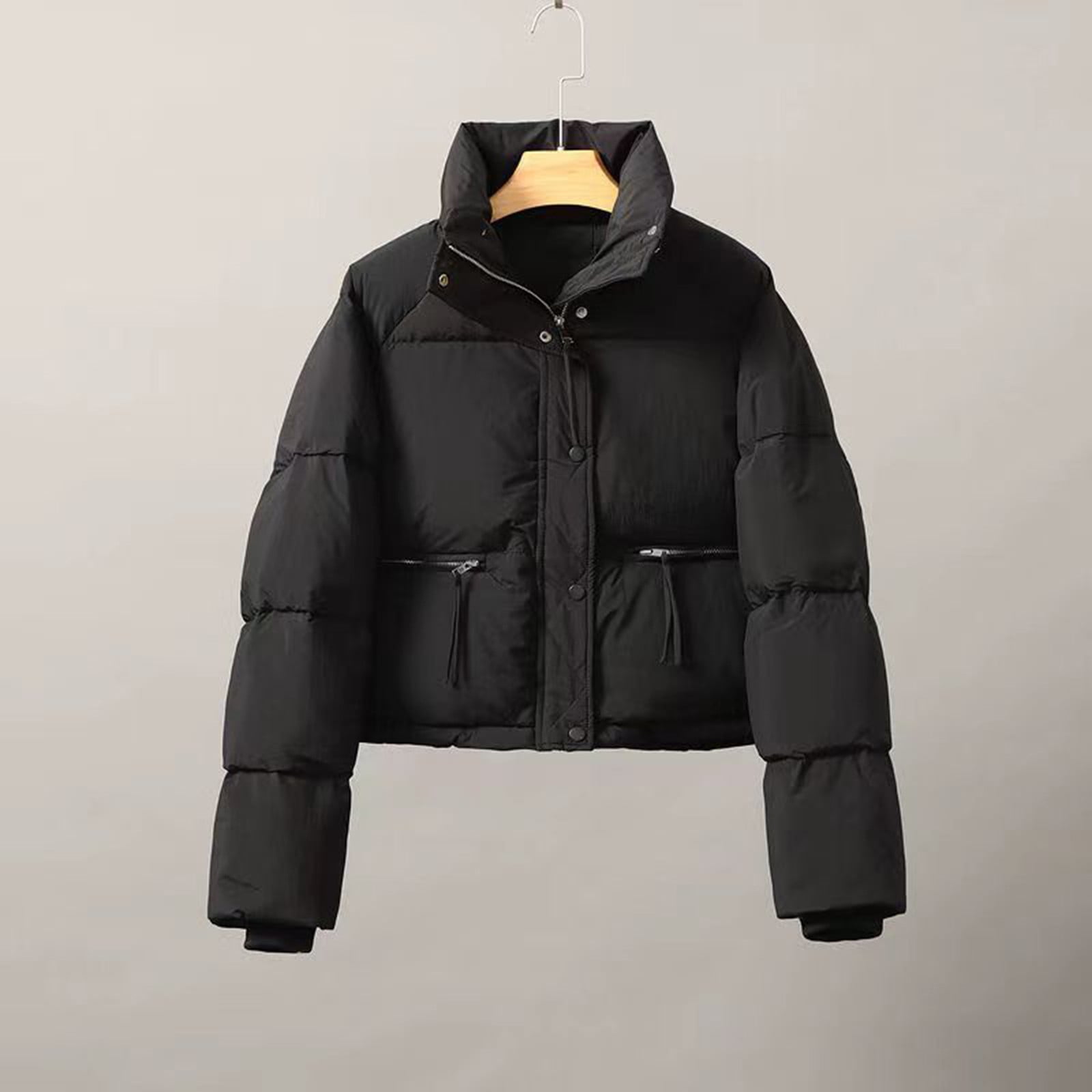 successthop Puffer Coat Women Crop Top Black Long Sleeve Down Jacket ...