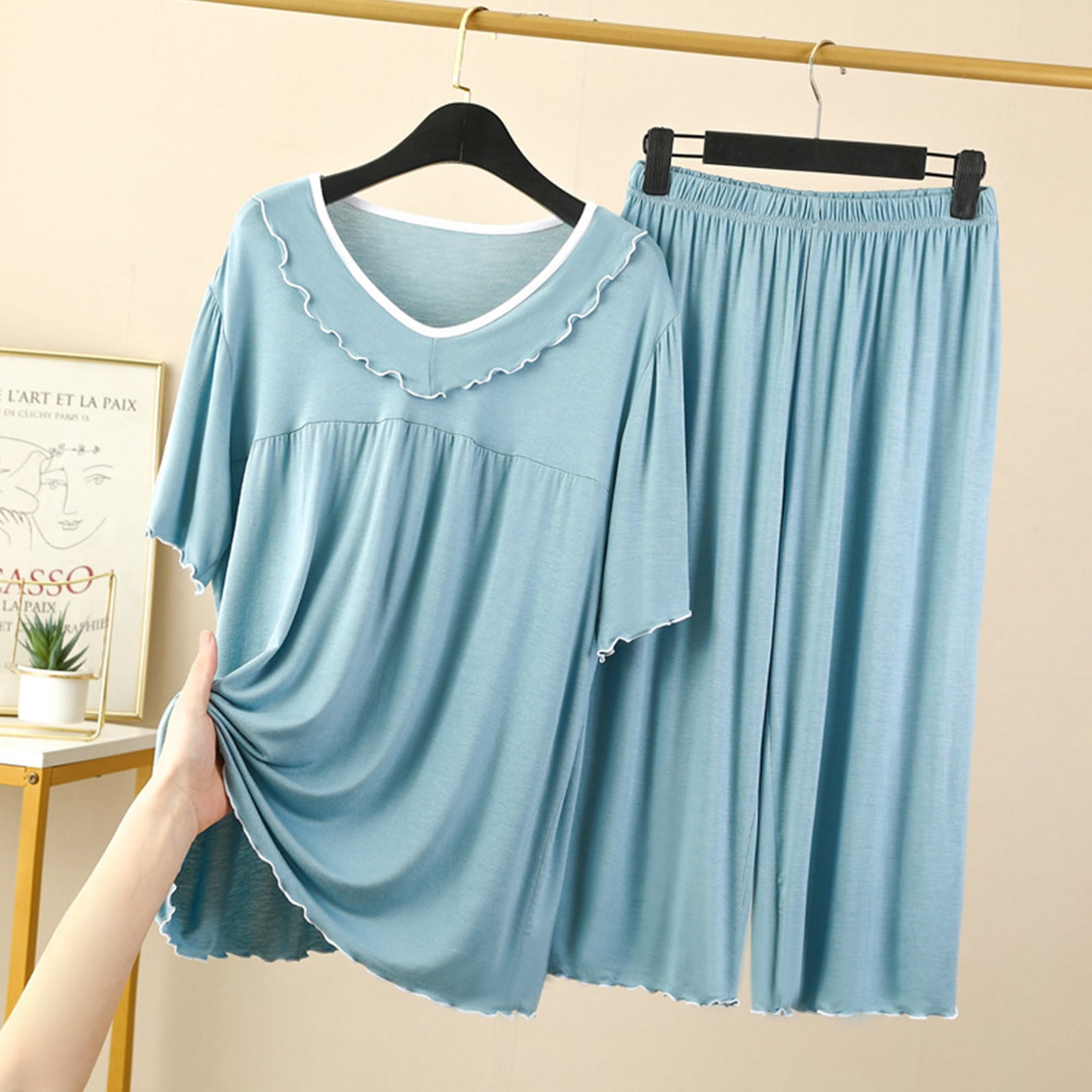 TrendVibe365 Soft Pajama Set for Women 2PC Solid Ruffle Collar Loose ...