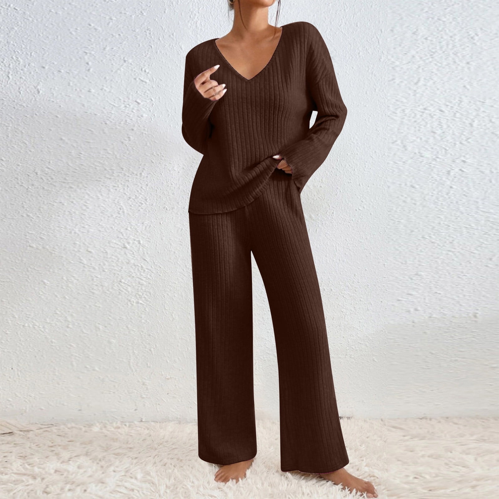 TrendVibe365 V Neck Top and Pants Set Solid Color Knit Long Sleeve ...