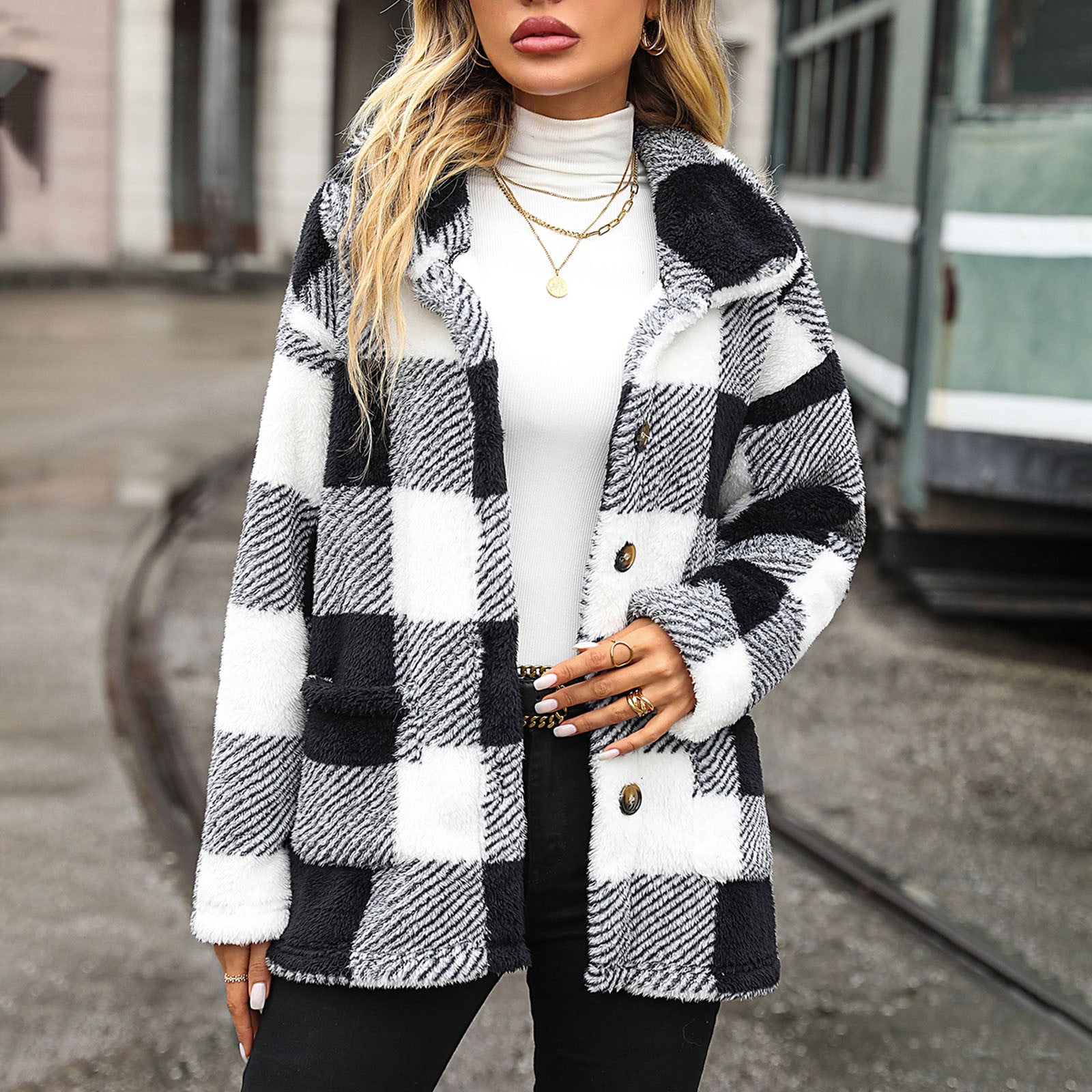 successthop Women's Fleece Jacket No Hood Black Button Shacket Jacket ...