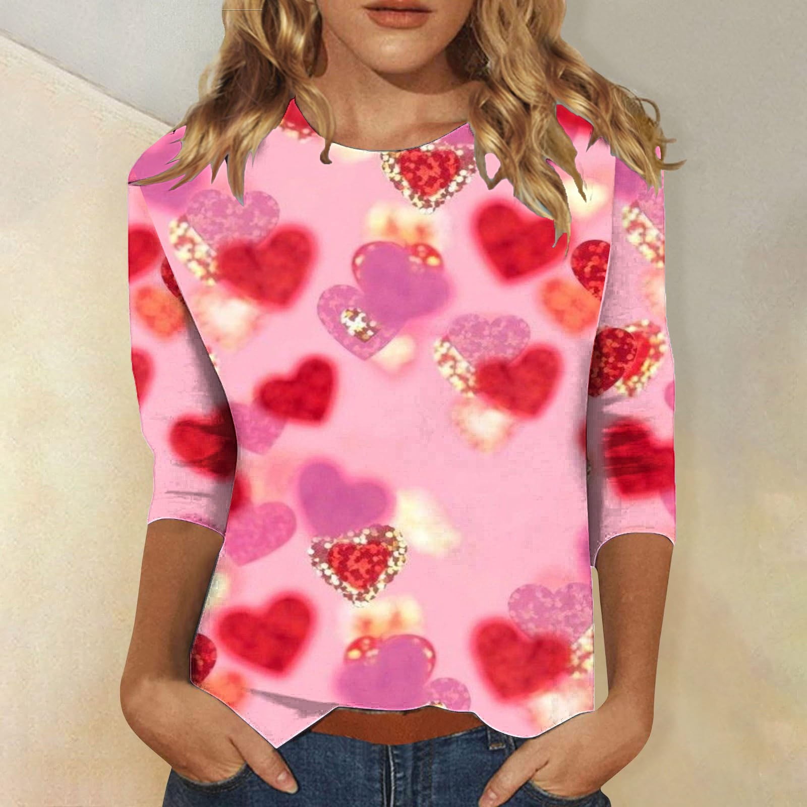 TrendVibe365 Womens 3/4 Sleeve Tops T Shirts Valentines Christmas Heart Date Tees Crewneck ...