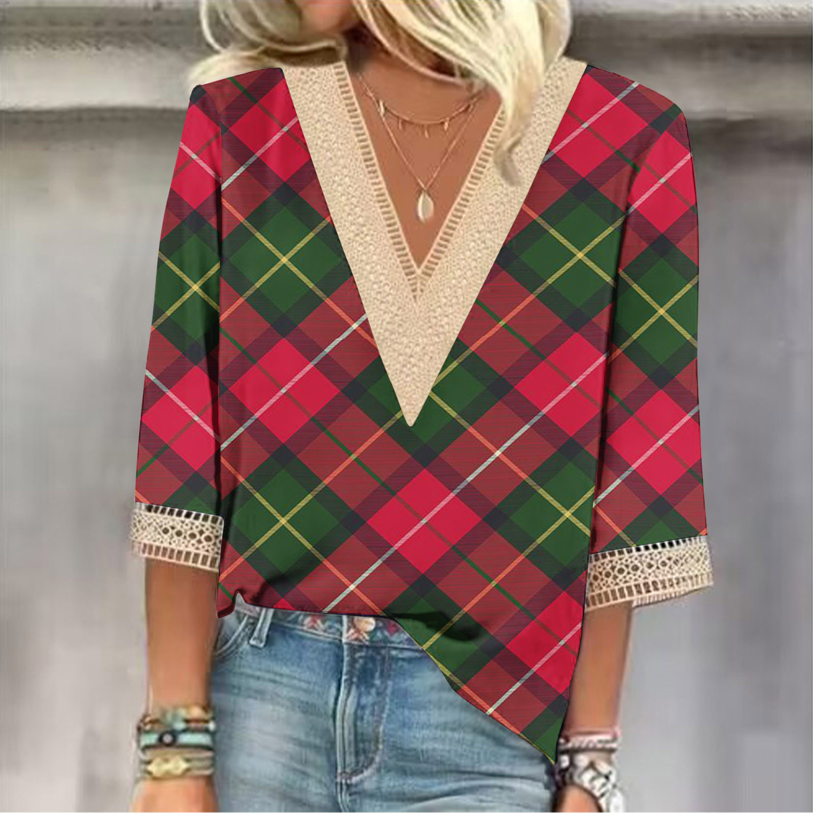 TrendVibe365 Womens 3/4 Sleeve Tops Tunic Christmas Plaid Xmas Blouses ...