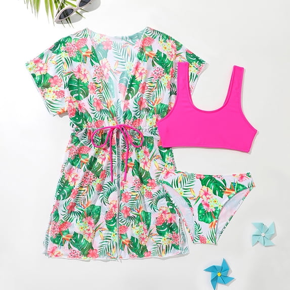 Trendfront Girls 3-Piece Bikini Set Printed Swimsuit with Long Sleeve ...
