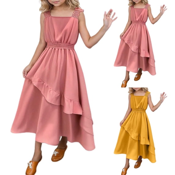 Trendfront Girls High-Low Maxi Dress Long Sleeveless Square Neck Solid ...