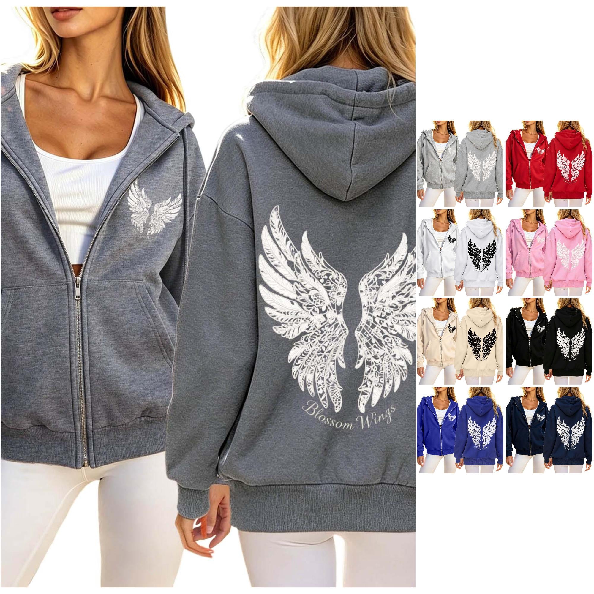 Trendfront Womens Angel Wings Graphic Zip Up Hoodie Long Sleeve Full ...