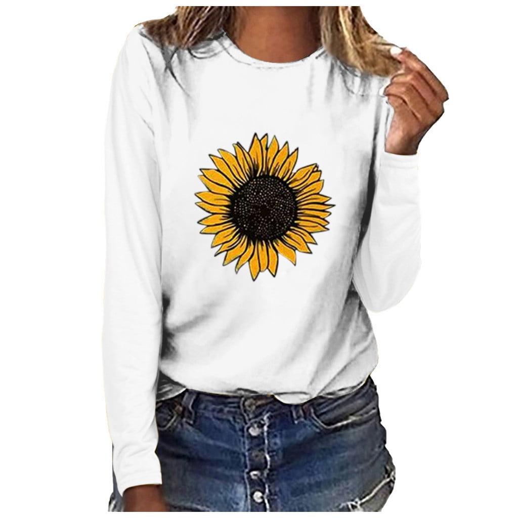 Trendfront Womens Crew Neck Long Sleeve Tops Sunflower Floral Graphic ...