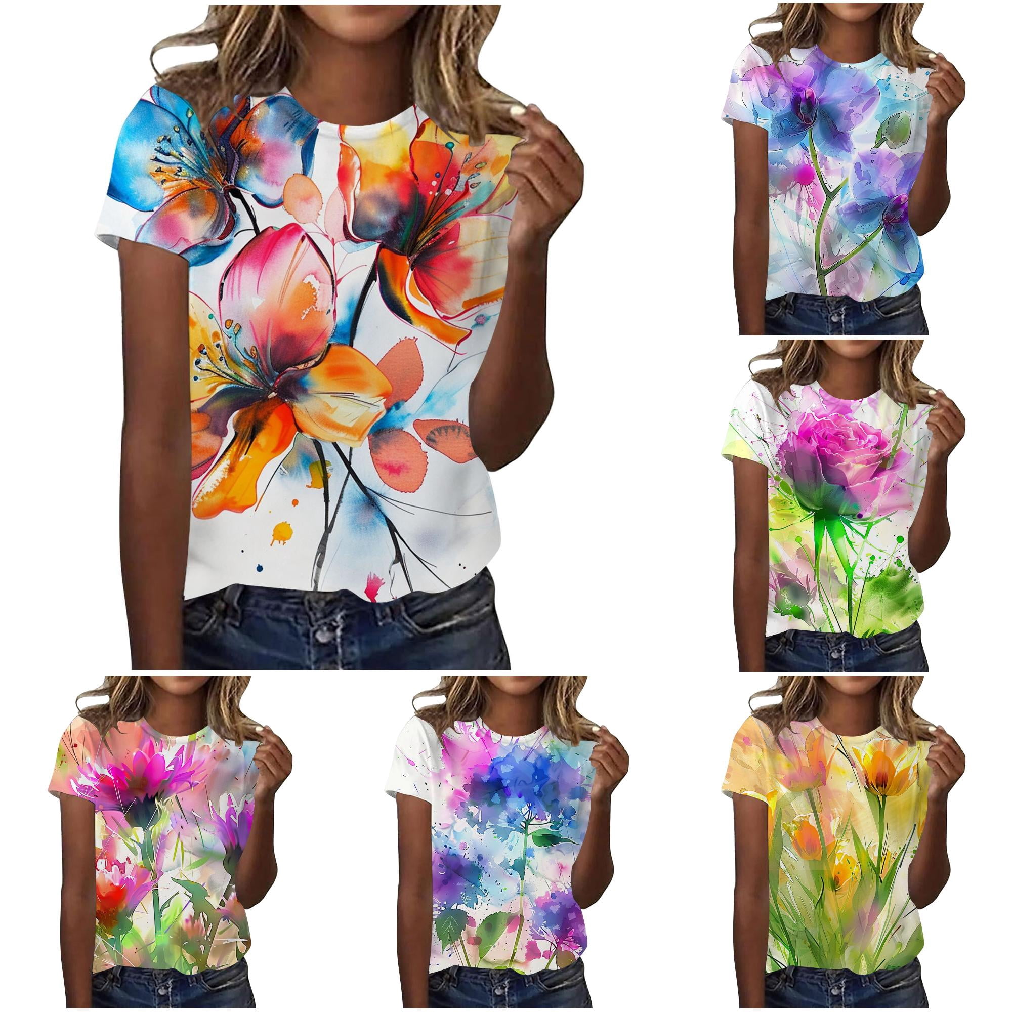 Trendfront Womens Tulip Floral Graphic Print T-Shirts Summer Fashion ...