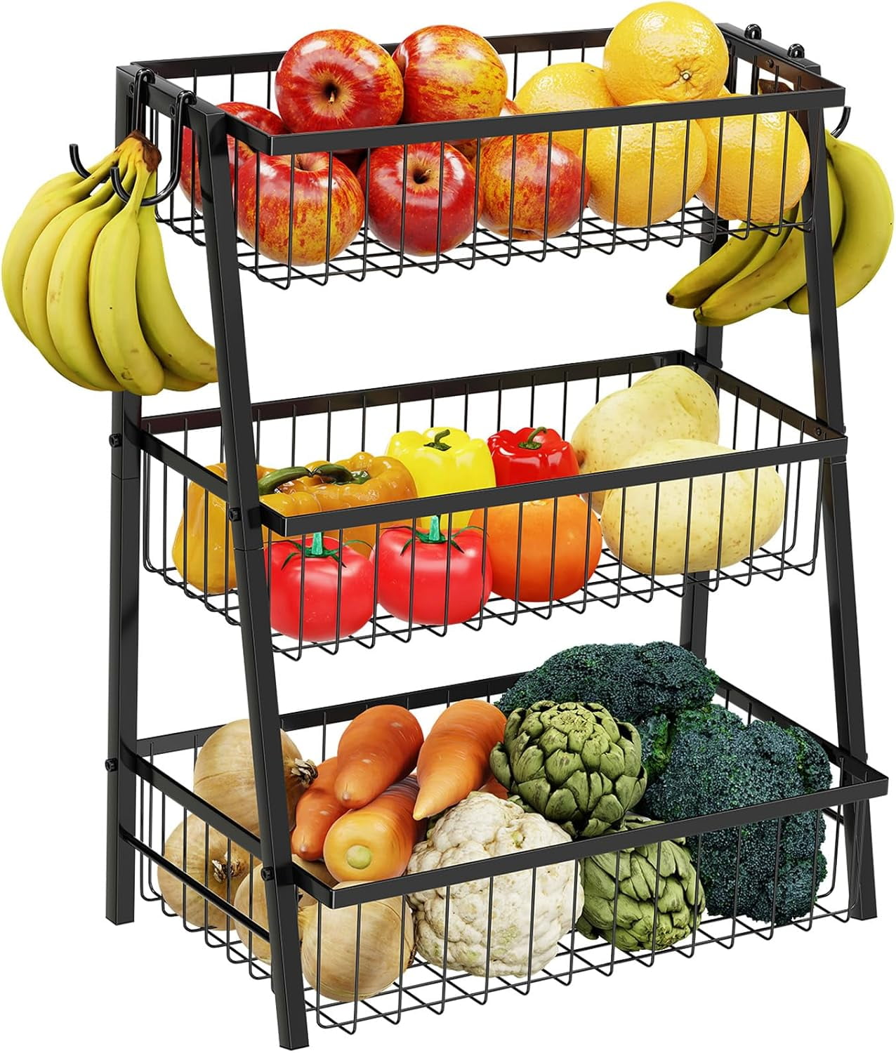 3 Tier Fruit Basket Metal Wire with 4 Banana Hooks, Countertop Fruit ...