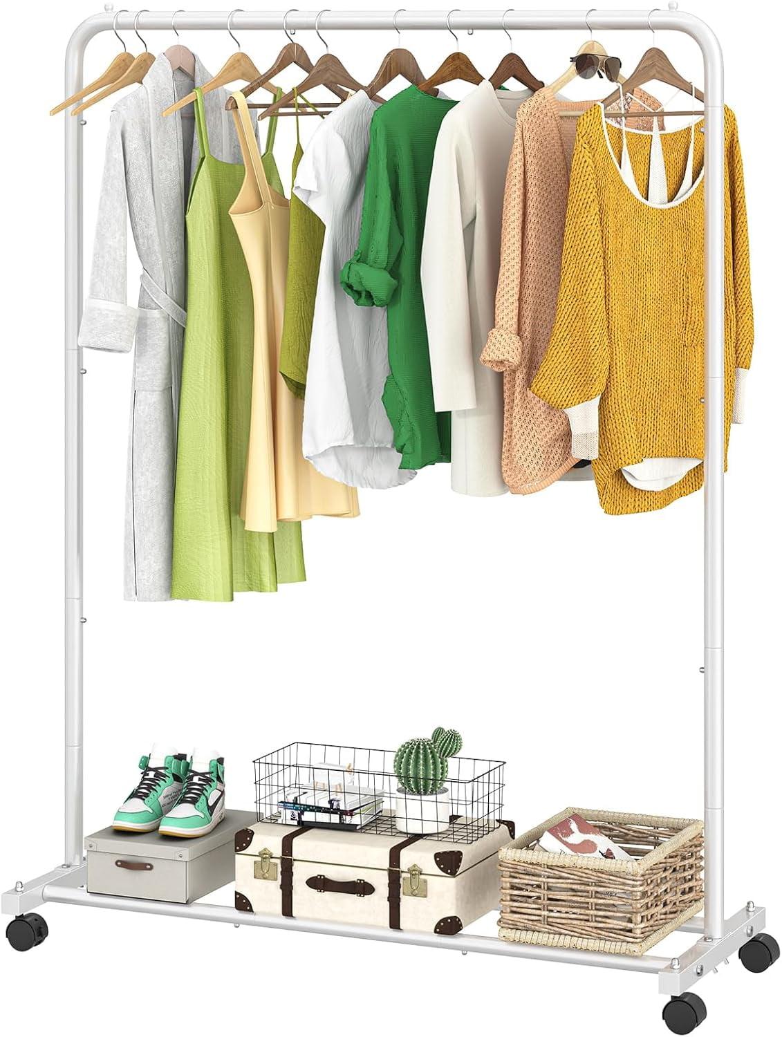 Trending Rolling Garment Rack with Storage Shelves, White Clothing ...