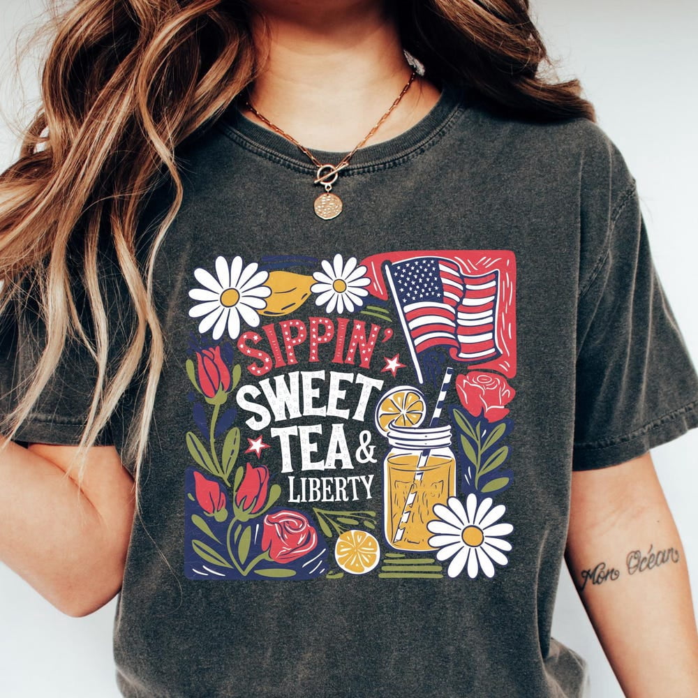 Trending Tee With Sippin' Sweet Tea And Liberty Shirt, Boho Foral 4Th ...