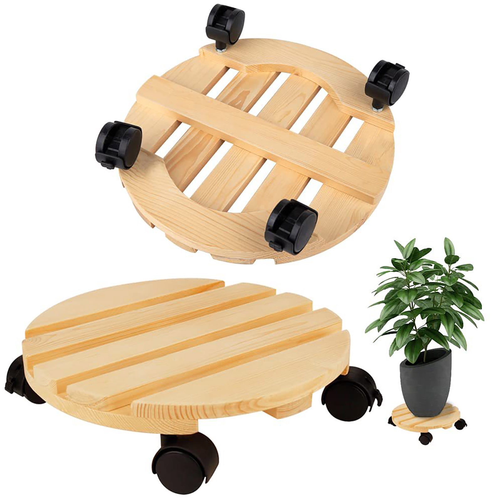 Trendix 2pack Plant Caddy 12’’ Wood Rolling Plant Stand with 360 ...