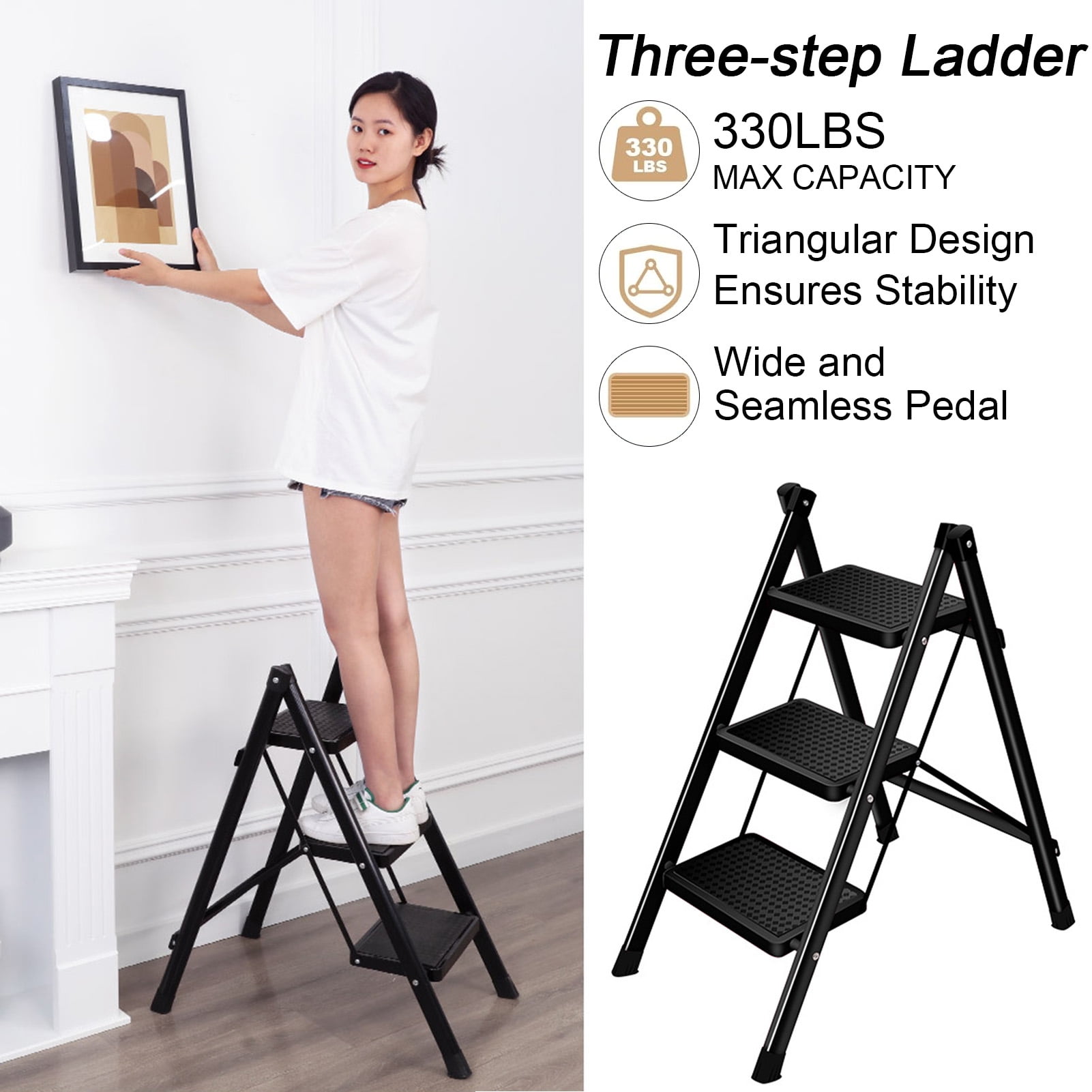 Trendix 3 Step Ladder, Portable Ladder with Anti-Slip Wide Pedals ...
